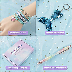 WERNNSAI Mermaid Diary for Girls with Lock - Kids Journals Set Sequins Unique Mermaid Gift for Girls ages 6-8, Travel School Office Notebook Notepad A5 Diary with Ballpoint Pen Bracelet Key-chain