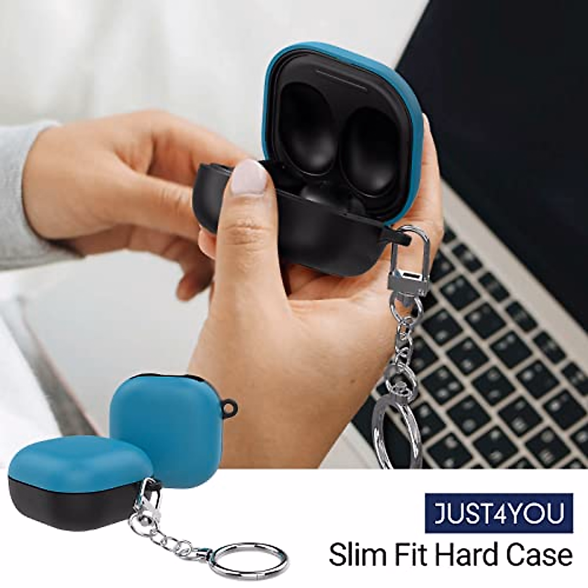 JUST4YOU for Galaxy Buds Pro Case, Galaxy Buds Live Case, Galaxy Buds 2 Case Cover with Keychain, Thin Fit Hard Case (Blue) CS_HD_GBL_GBP_GB2_BL