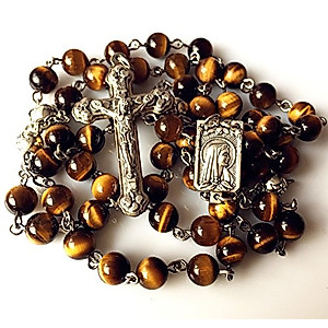 elegantmedical CATHOLIC Tiger Eye & Silver Rose Beads ROSARY CROSS crucifix necklace