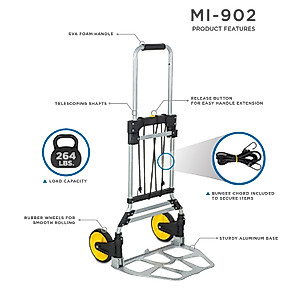 Mount-It! Folding Hand Truck and Dolly, 264 Lb Capacity Heavy-Duty Luggage Trolley Cart with Telescoping Handle and Rubber Wheels, Silver, Black, Yellow