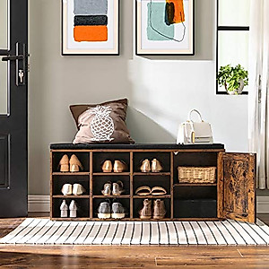 VASAGLE Storage Bench with Cupboard and 9 Open Compartments, Shoe Shelf, Padded Seat, Barn Door, 43.3″L x 11.8″W x 18.9″H (110 x 30 x 48 cm), Rustic Brown