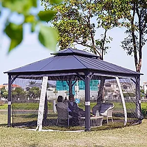 12' x 16' Gazebo, Outdoor Double Roof Canopy Hardtop Gazebo with Large Aluminum Frame, Galvanized Steel Top Gazebo with Ventilation and Mosquito Nettings, for Patio, Backyard, Deck and Lawns