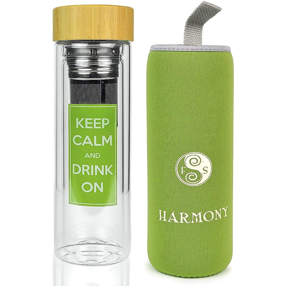 Harmony N More Best Infusion Water Bottle - Premium Fruit And Loose Leaf Tea Stainless Steel Infuser and Travel Tumbler - Double Walled Glass - No Leak Bamboo Lid - Insulating Sleeve