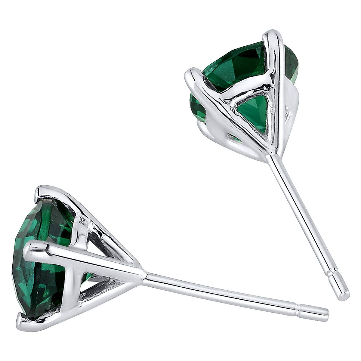 Peora Solid 14K White Gold Created Emerald Solitaire Stud Earrings for Women, Hypoallergenic 1.50 Carats total Round Shape AAA Grade, May Birthstone, Friction Backs