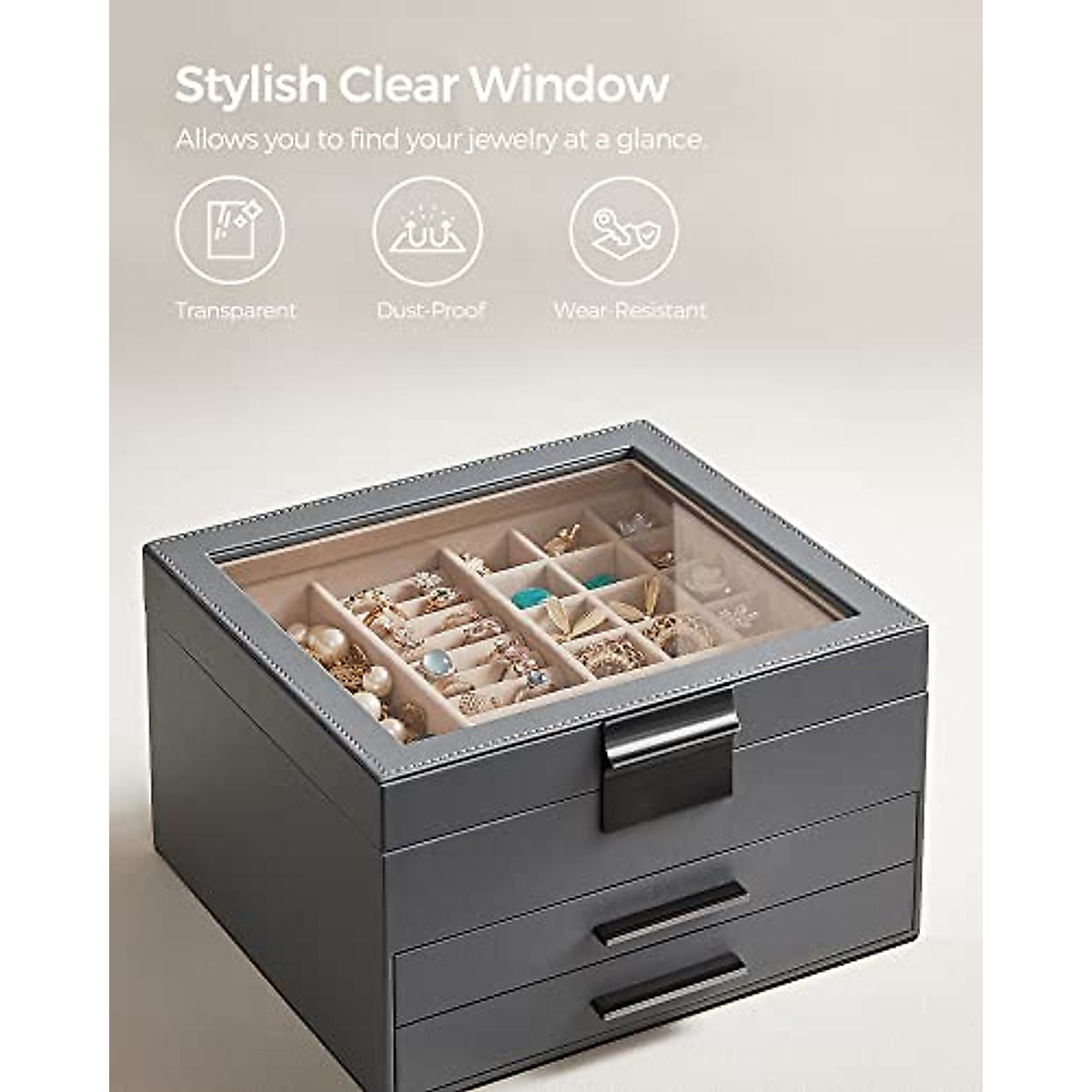 SONGMICS Jewelry Box with Glass Lid, 3-Layer Jewelry Organizer, 2 Drawers, for Big and Small Jewelry, Jewelry Storage, Modern Style, 8 x 9.1 x 5.3 Inches, Interstellar Gray and Silver UJBC239GY