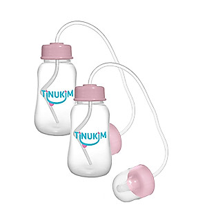 Tinukim iFeed 4 Ounce Self Feeding Baby Bottle with Tube - Handless Anti-Colic Nursing System, Pink - 2-Pack