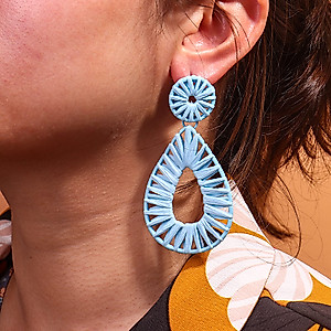 Boho Raffia Earrings Statement Teardrop Earrings Drop Dangle Bohemian Earrings for Women Cute Handmade Earring(Light Blue)