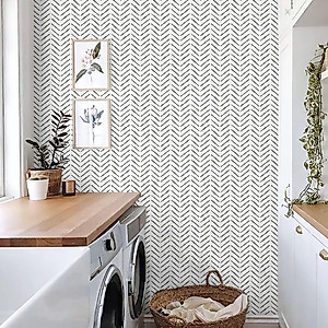 Rugreat Herringbone Peel and Stick Wallpaper Modern Contact Paper for Cabinets Stripe Wallpaper Neutral Self Adhesive Removable Wallpaper for Bedroom Bathroom Waterproof Black and White 78.8"×17.3"