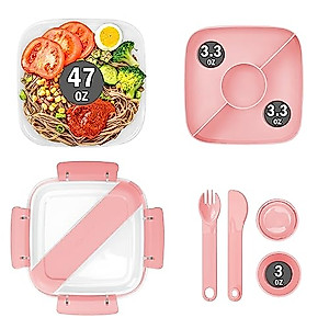 Triiter 55-oz Salad Lunch Box, Pink, BPA-Free Plastic, Leak-Proof, Convenient Compartments, Extra-Large Capacity