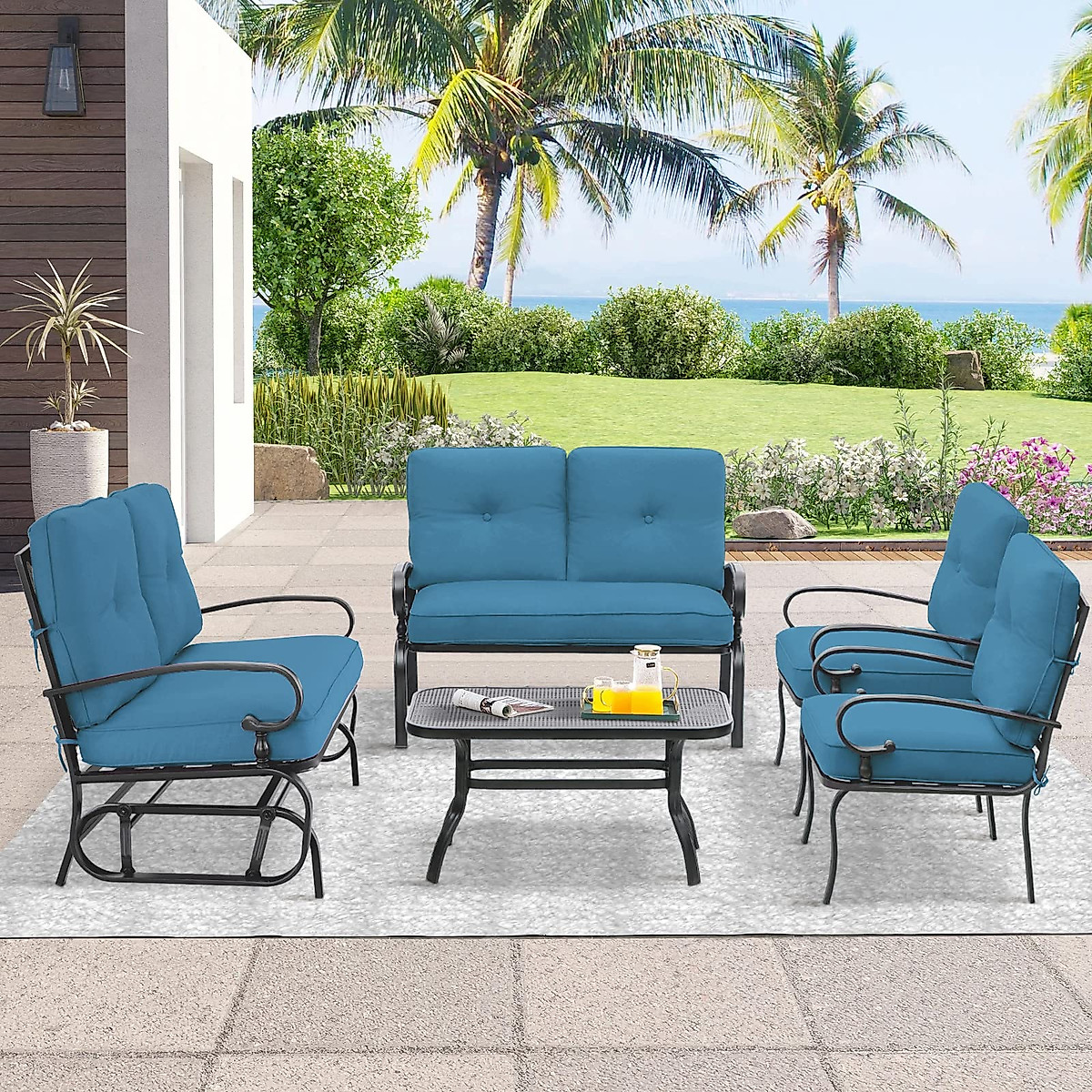 Incbruce 5 Pcs(6 Seats) Outdoor Metal Furniture Sets Wrought Iron Patio Conversation Sets, (Glider, 2 Single Chairs, Loveseat, and Coffee Table) with Cushion (Peacock Blue)