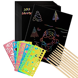 ZEAYEA 200 Pcs Scratch Paper Art Set, Scratch Off Rainbow Magic Paper with 10 Stylus, 8 Stencils, Black Scratch Notes for Boys and Girls DIY Crafts Christmas Birthday Gift Cards