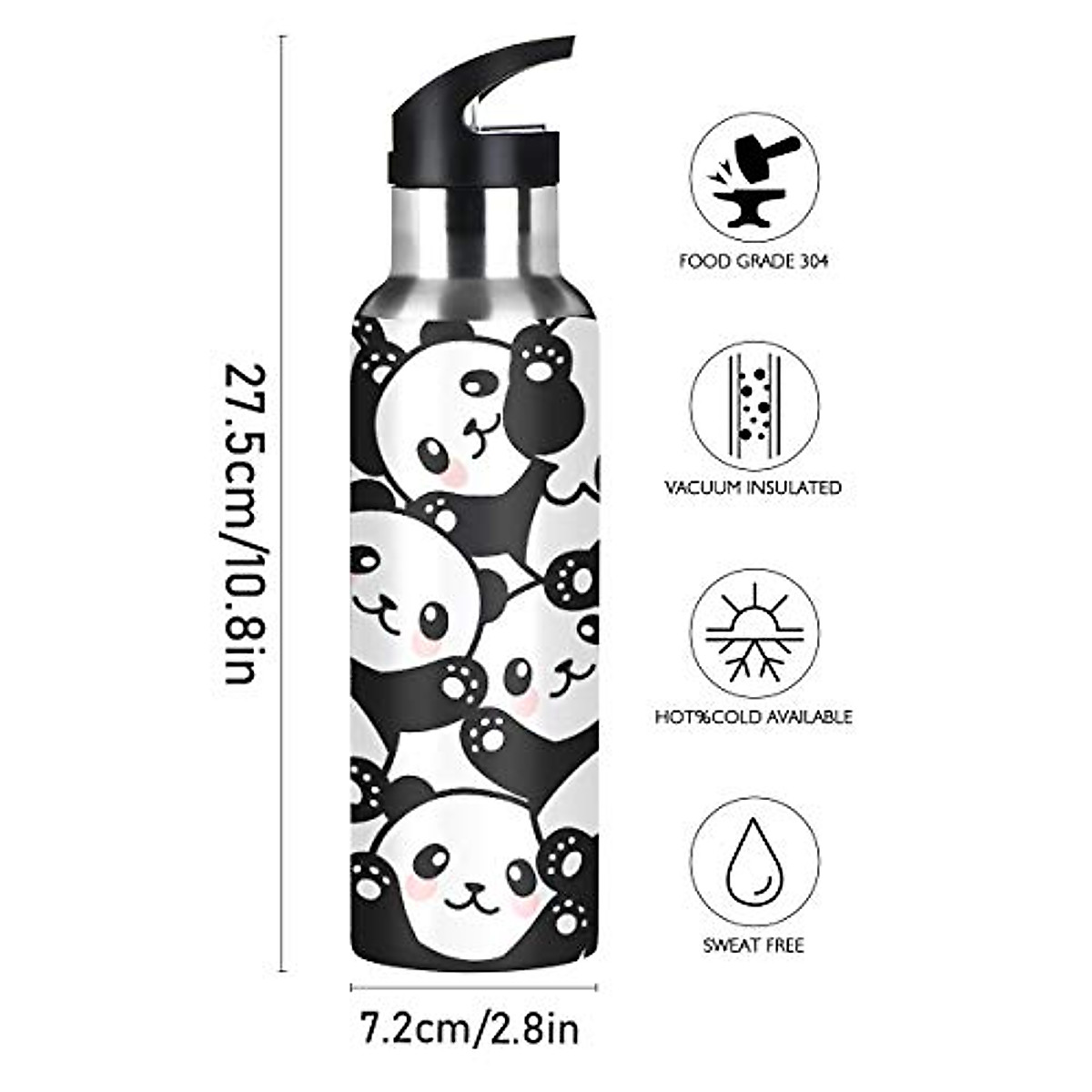 WELLDAY Water Bottle Cartoon Panda Double Wall Vacuum Insulated Flask Stainless Steel with Straw Lid 20oz