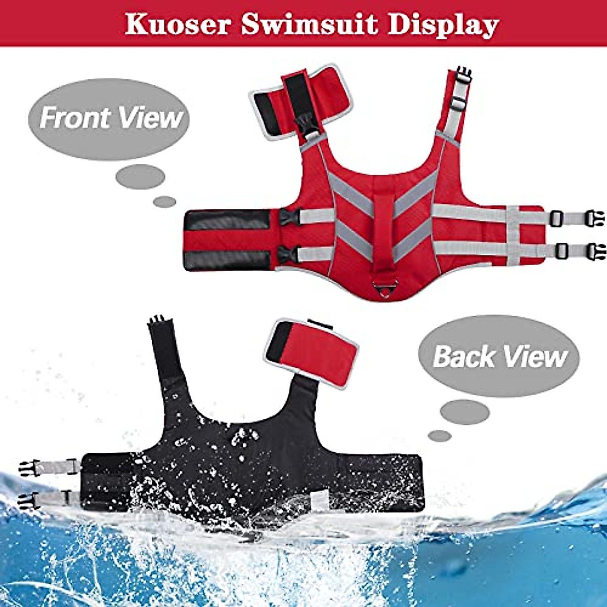 Kuoser Dog Life Jacket with Reflective Stripes, Adjustable High Visibility Dog Life Vest Ripstop Dog Lifesaver Pet Life Preserver with High Flotation Swimsuit for Small Medium and Large Dogs