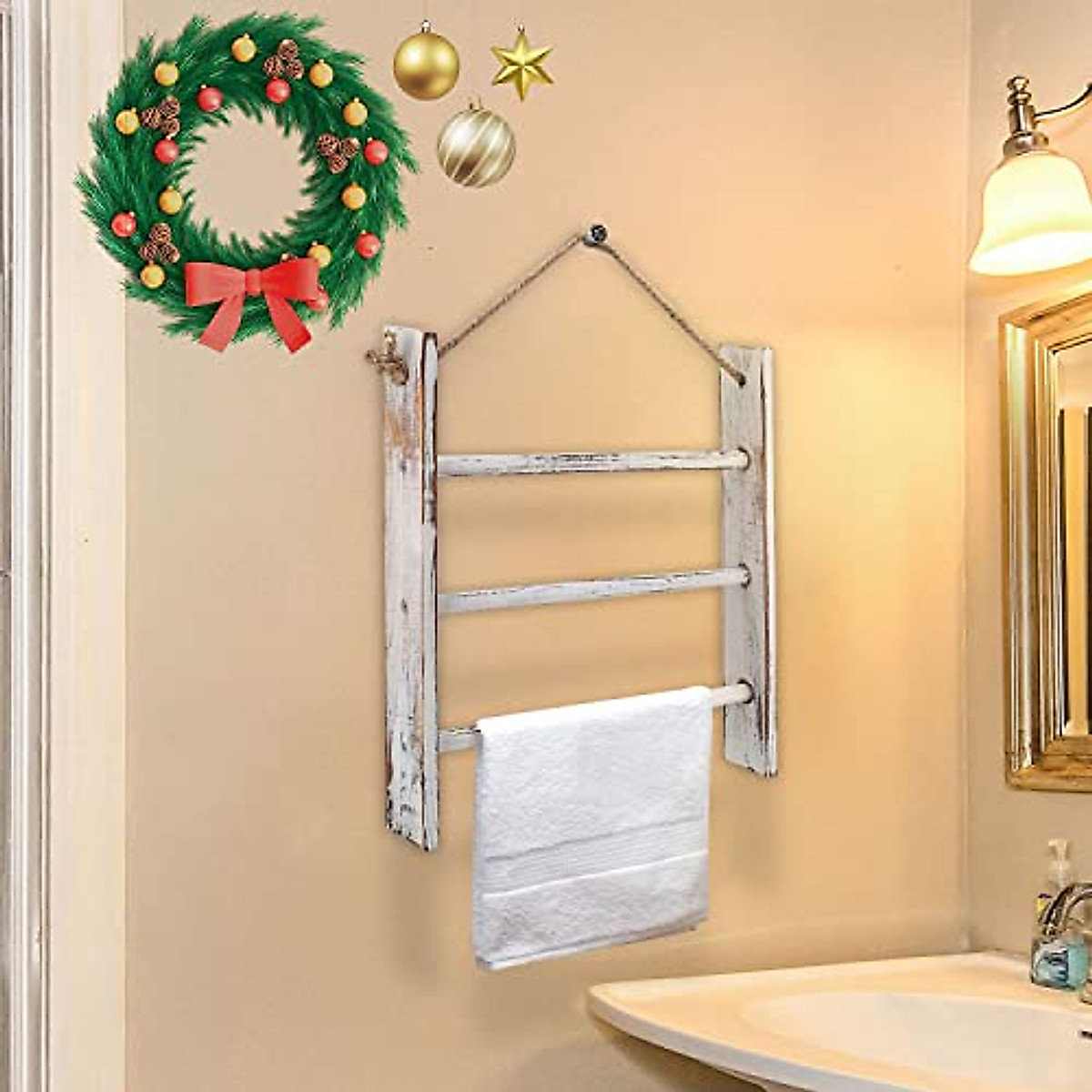 Ladder Hand Towel Rack for Bathroom, Blanket Ladders for The Living Room Hanging Blanket Ladder Rustic Decorative Ladder for Blankets Whitewashed Towel Ladder