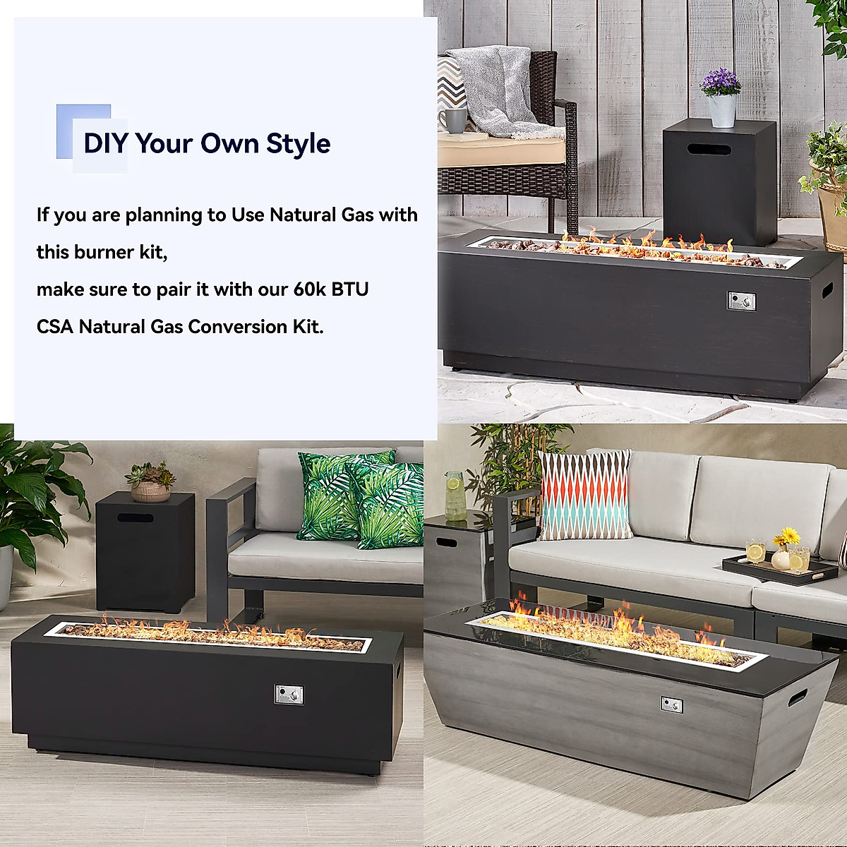 Skyflame Spark Ignition Gas Fire Pit Burner Kit, 48" Linear Stainless Steel Complete Drop-in Burner Kit with Flame Sensing, CSA Certified, Propane Regulator Connector Hose Set for Propane Tank