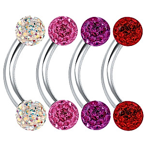 bodyjewellery 4Pcs 16g Curved Barbell Helix Eyebrow Ear lobe Bridge Snug Cartilage Anti Rim Tragus Ferido Crystal Balls BSAK Pick Color (Aurora Borealis, Rose, Fuchsia, Light Siam)