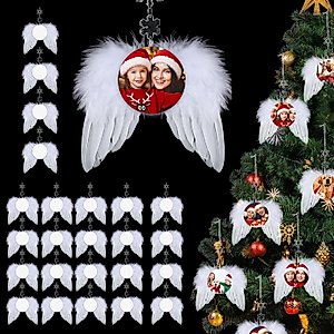 Huwena Christmas White Angel Wings Ornament Angel Feather Wings with Round Sublimation Blank Pendants Hanging Acrylic Snowflake Crystal Ornaments for Christmas Tree DIY Crafts Party Decor (72 Pcs)