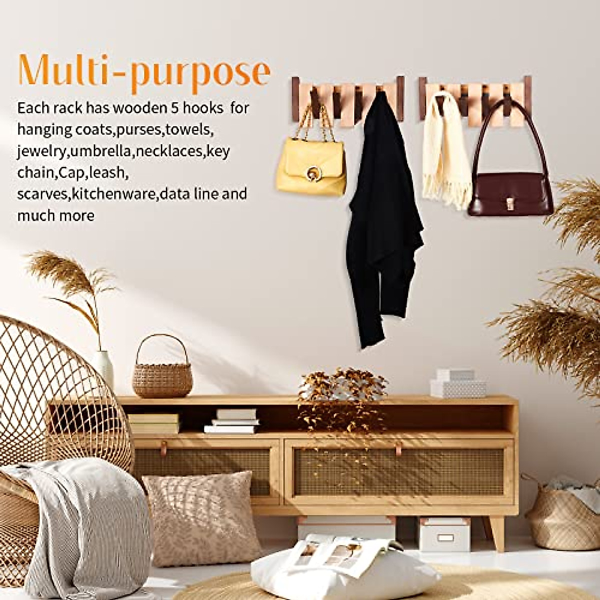 2 Pcs Wood Coat Piano Hooks with 4 Flip Down Hooks Decorative Wooden Wall Mounted Rack Hooks Handmade Natural Walnut Wood and Beech Artwork Coat Hangers Multi Rack for Towel Hat Key Scarfs Purses Bag