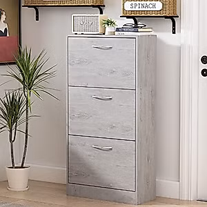 DiDuGo Shoe Cabinet with 3 Flip Drawers, Slim Shoe Storage Cabinet for Entryway Grey (22.4”W x 9.4”D x 42.1”H)