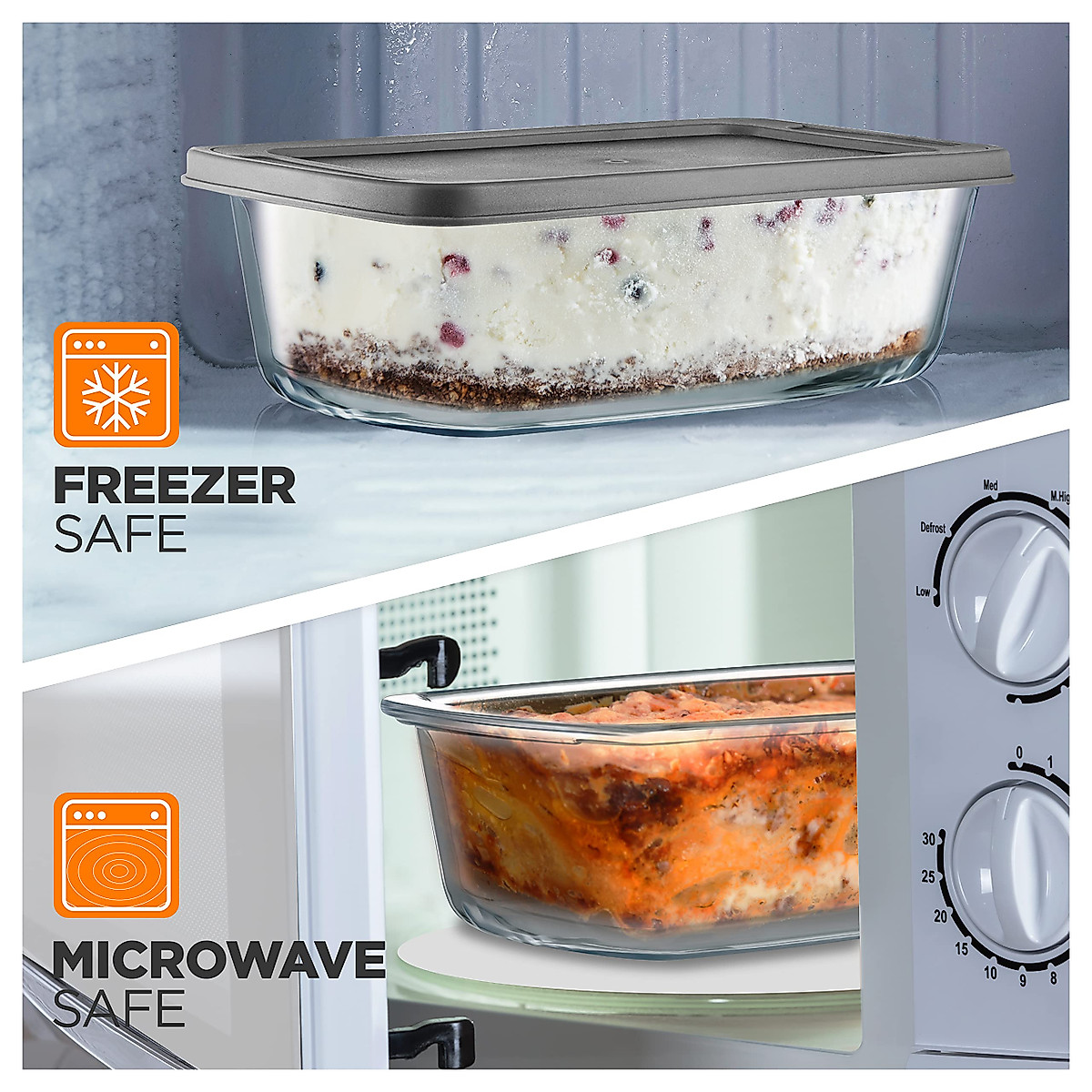 NutriChef 2-Piece Glass Loaf Pan Set, 1.9-QT Stackable Tempered Glass Bread Pans w/Airtight BPA-Free Lid - Dishwasher, Oven, Freezer, & Microwave Safe, 62oz Loaf Dish Set