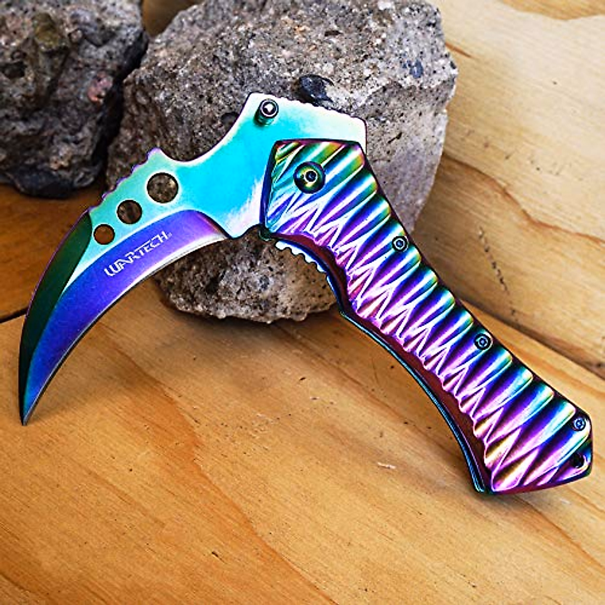 KCCEDGE BEST CUTLERY SOURCE Pocket Knife Camping Accessories Survival Kit 5 Inch Grim Reaper Scythe Tactical Knife Hunting Knife Camping Gear 78524 (Rainbow)