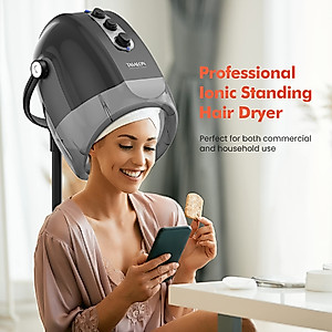 TASALON Ionic Hooded Hair Dryer, Gray - Professional Bonnet Hair Dryer for Home and Salon with 3 Temperature Settings, Portable, Lightweight, Adjustable Height and Wheels, 1000W, 120V AC, 60 Min Timer