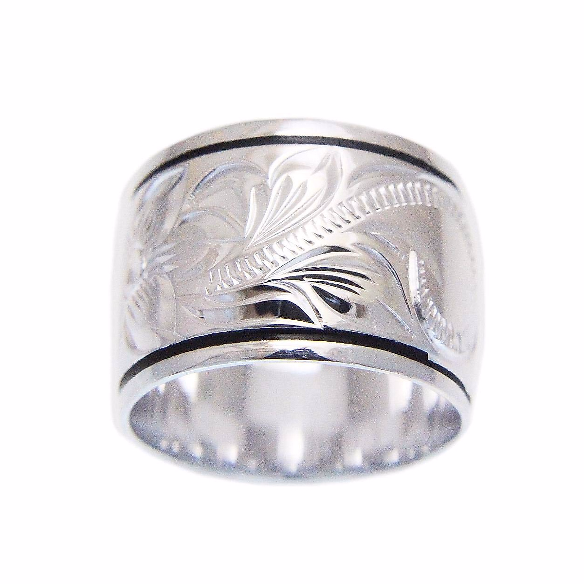 925 sterling silver Hawaiian plumeria scroll black enamel border 15mm ring size 13