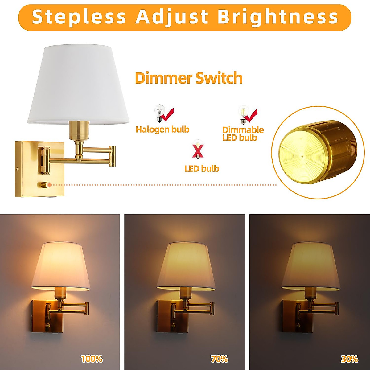 Affsure Bedside Wall Mount Light with Dimmable Switch, Swing Arm Fabric Shade Wall Sconce Light with USB Port and Plug in Cord, Gold Wall Lamp for Bedroom, Living Room and Hotel