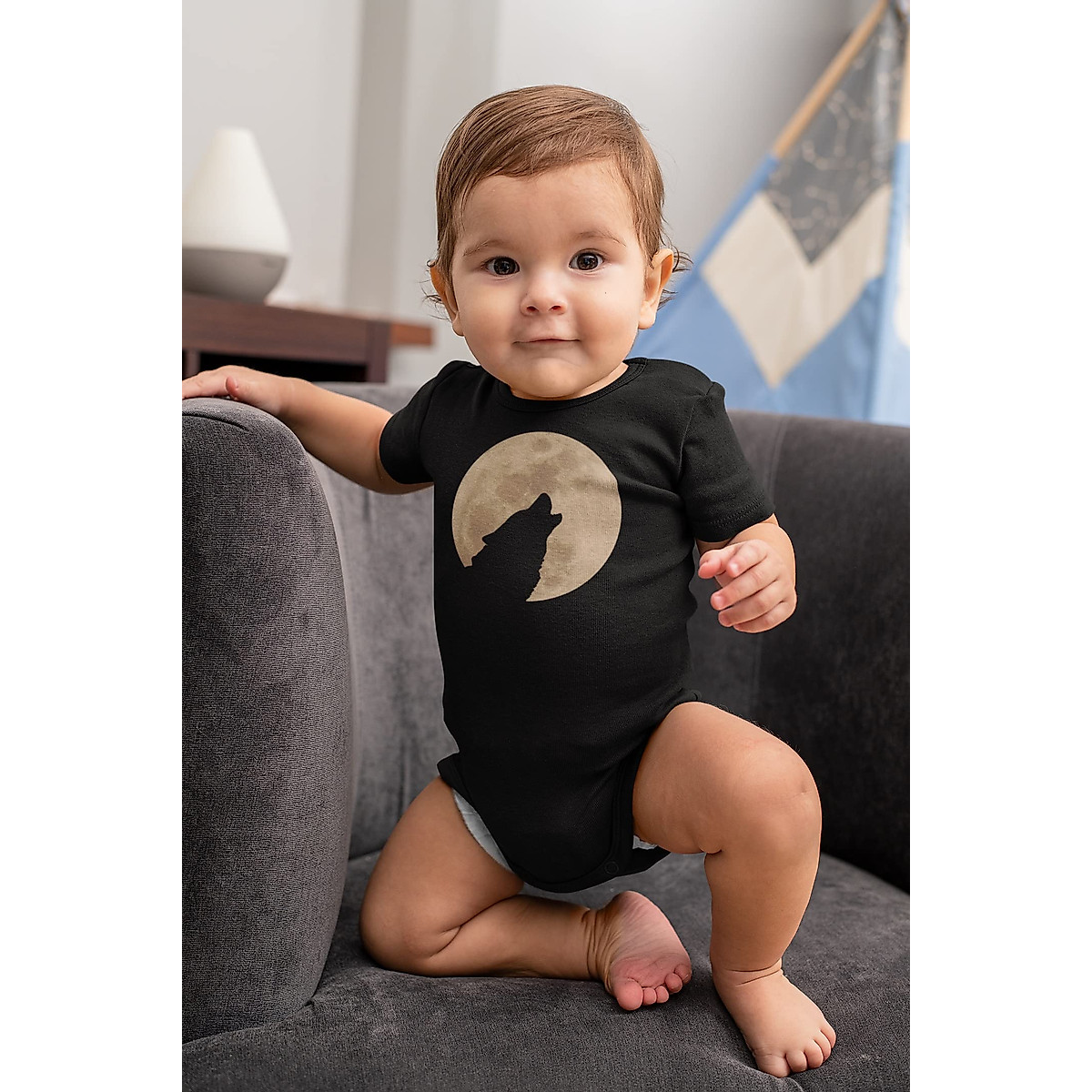 Wolf Howling Moon Silhouette Soft Baby One Piece Black 3 Month