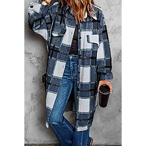 PRETTYGARDEN Women's 2024 Plaid Shacket Jacket Long Sleeve Button Down Shirts Fashion Winter Wool Coats (Navy,X-Large)