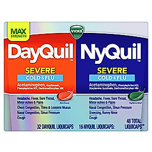 Vicks DayQuil and NyQuil Severe Cough, Cold & Flu Relief, 48 LiquiCaps (32 DayQuil & 16 NyQuil) - Relieves Sore Throat, Fever, and Congestion, Day or Night, 48 Count