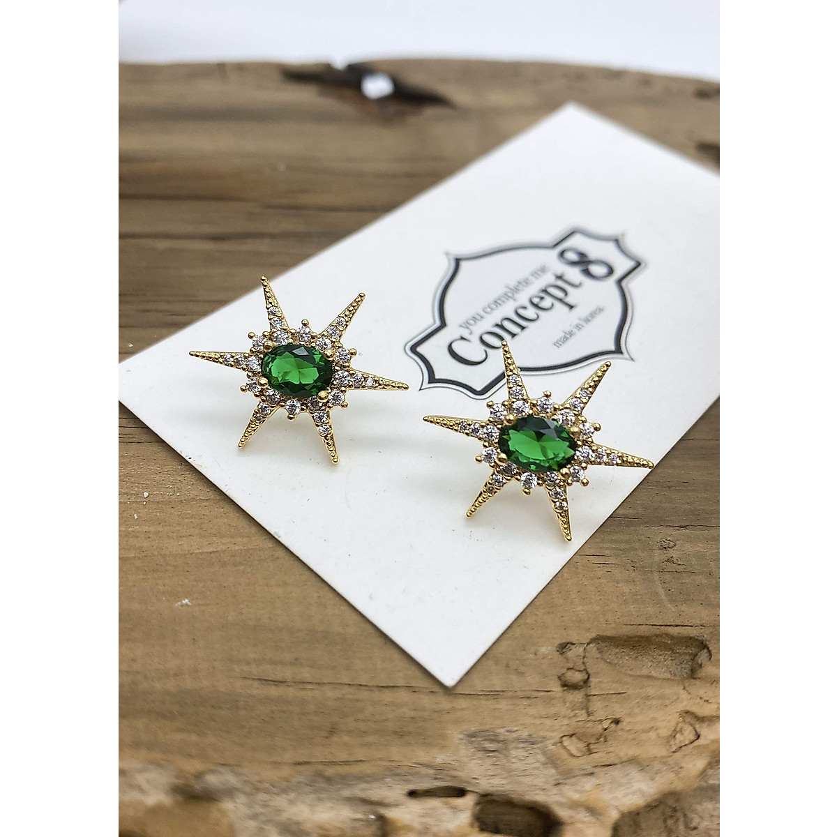 Concept8 colored glass 18K gold plated 925 silver post earrings made in korea (emerald)