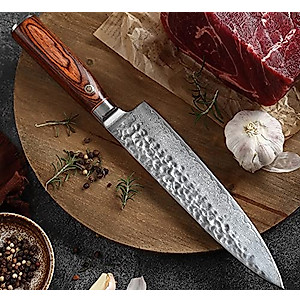 wonhag Damascus Chef Knife Professional VG10 Stainless Steel Cleaver Damascus 8 Inch Chef Knife Brown Handle Gift Box