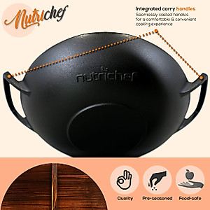 Nutrichef Pre-Seasoned Cast Pan-5.8 QT Heavy Duty Non-Stick Iron Chinese Wok or Stir Fry Skillet w/Wooden Lid, for Electric Stove Top, Induction, Large, Black