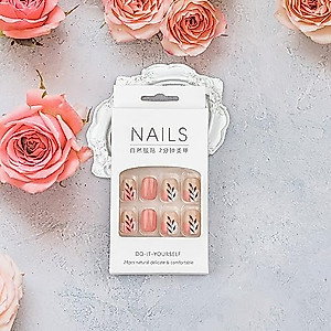 24 Pcs Pink Short Press on Nails Square Fake Nails Summer Leaf Designs Glossy Glue on Nails with Design Full Cover False Nails White Artificial Acrylic Nails Stick on Nails for Women DIY Manicure