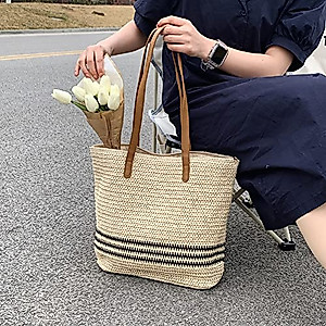 JQWSVE Straw Beach Bags Striped Tote for Women with Zipper Closure Soft Woven Straw Bag Summer Straw Shoulder Bag Purse for Beach Vacation