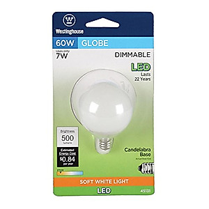 Westinghouse 4513120 60W Equivalent G16-1/2 Dimmable Soft White LED Light Bulb with Candelabra, 4 Count (Pack of 1)