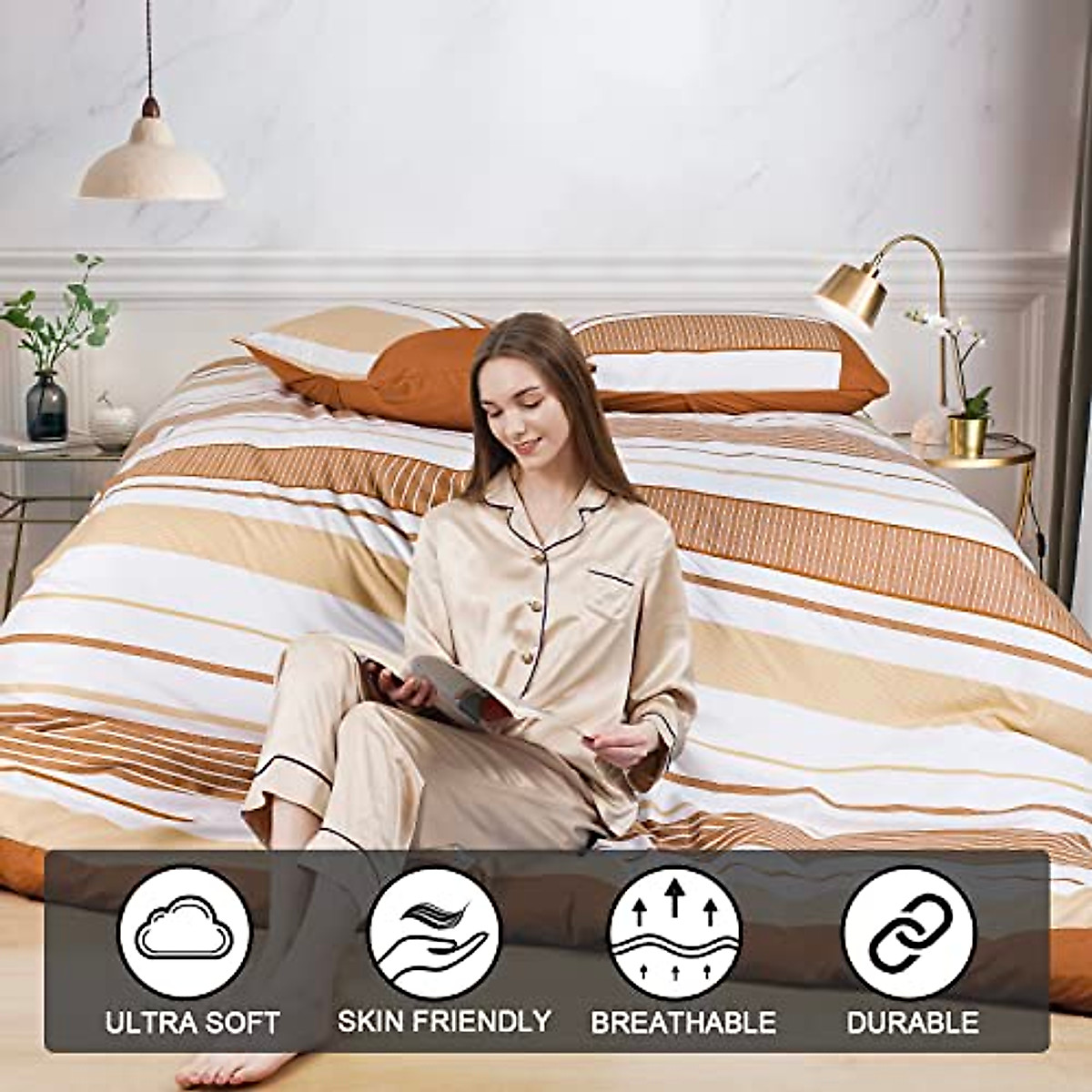 PHF Washed Soft Duvet Cover Set King Size, 3PCS Stylish Stripe Comforter Cover Set, Ultra Soft Comfy Durable Farmhouse Duvet Cover with Pillow Shams Bedding Collection, 104" x 90", Brick Red & White