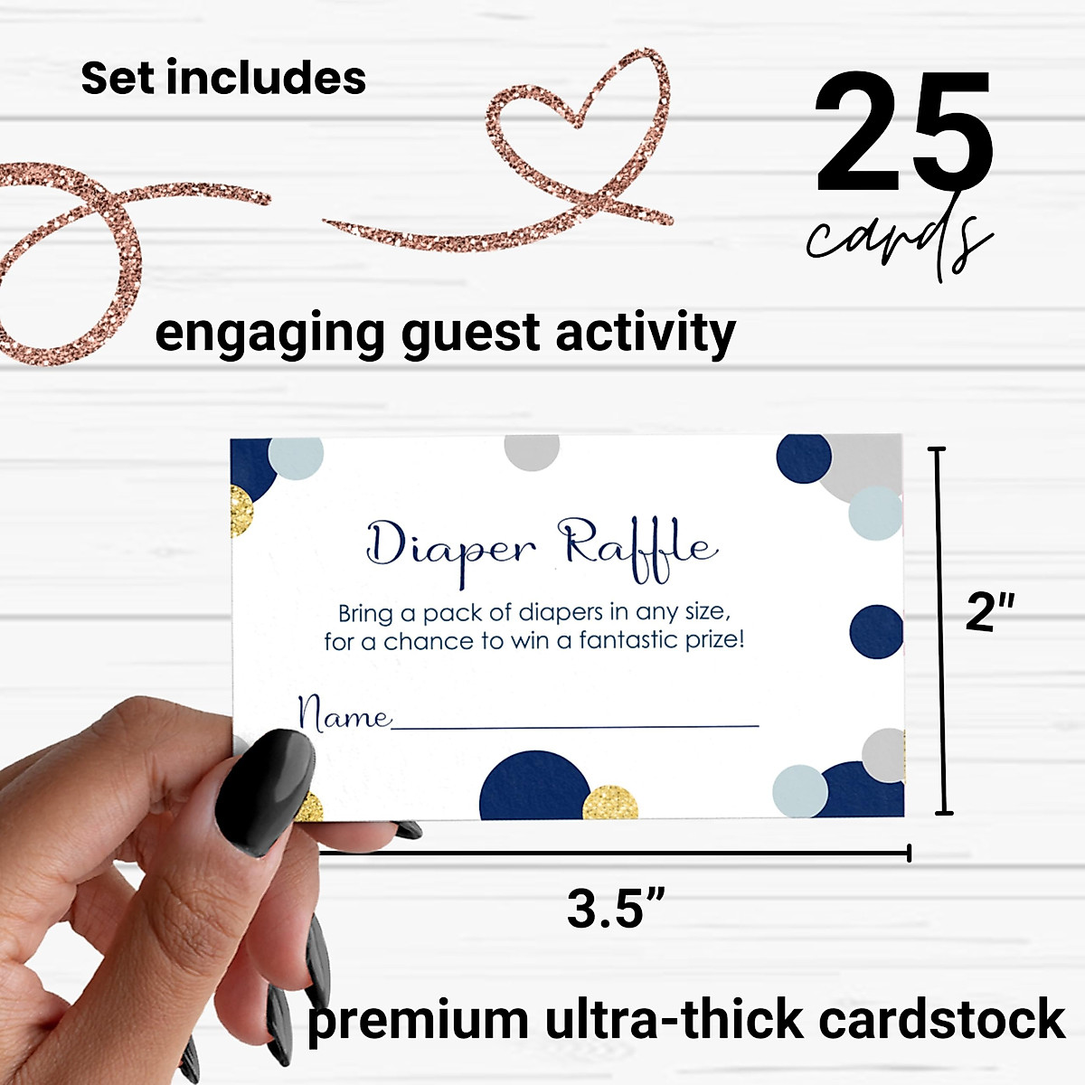 Navy and Gold Diaper Raffle Tickets, Boys Baby Shower Games for Prizes, Baby Shower Diaper Raffle Invitation Insert Cards, 25 Pack