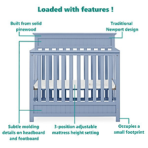 Dream On Me Harbor 4-in-1 Convertible Mini Crib in Dusty Blue, Greenguard Gold Certified