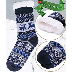 EBMORE Mens Slipper Fuzzy Socks Fluffy Winter Cabin Cozy Warm Soft Fleece Thick Comfy Christmas Gift Stocking Stuffers with Grips(Blue Deer)