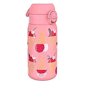 Ion8 Kids Water Bottle, Steel 400 ml/13 oz, Leak Proof, Easy to Open, Secure Lock, Dishwasher Safe, Flip Cover, Carry Handle, Easy Clean, Durable, Scratch Resistant, Raised Print, Ice Creams Design