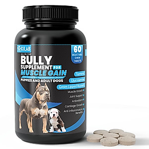 Kilab Dog Weight Gainer – 60-Count Muscle Builder Dog Supplement – Muscle Growth Supplement for Dogs, Puppies and Adults – Bully Growth Formula with Turmeric, Glucosamine, Green Lipped Mussels