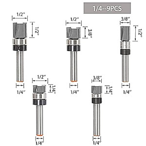 Pattern Flush Trim Router Bits Set 1/4'' Shank, 9PCS Carbide Tipped Template Top Bearing Flush Cut Router Bit, Straight Flush Trim Bit, Wood Milling Cutter for Trimming