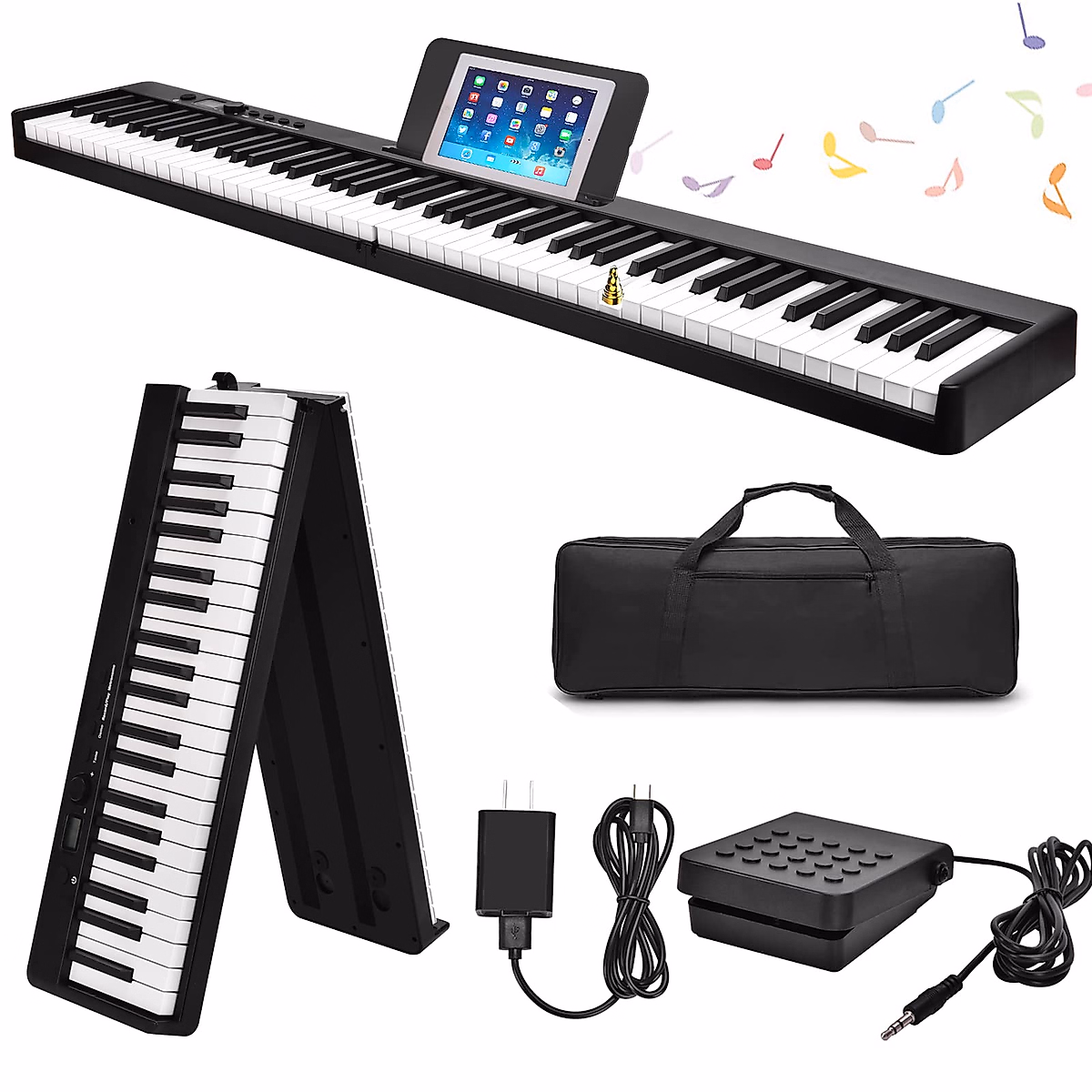 88 Key Foldable Digital Piano Keyboard,Full Size Semi Weighted Keys Bluetooth Keyboard Portable Electronic Piano with Pedal, piano bag,charger,Bluetooth MIDI,music stand for all ages