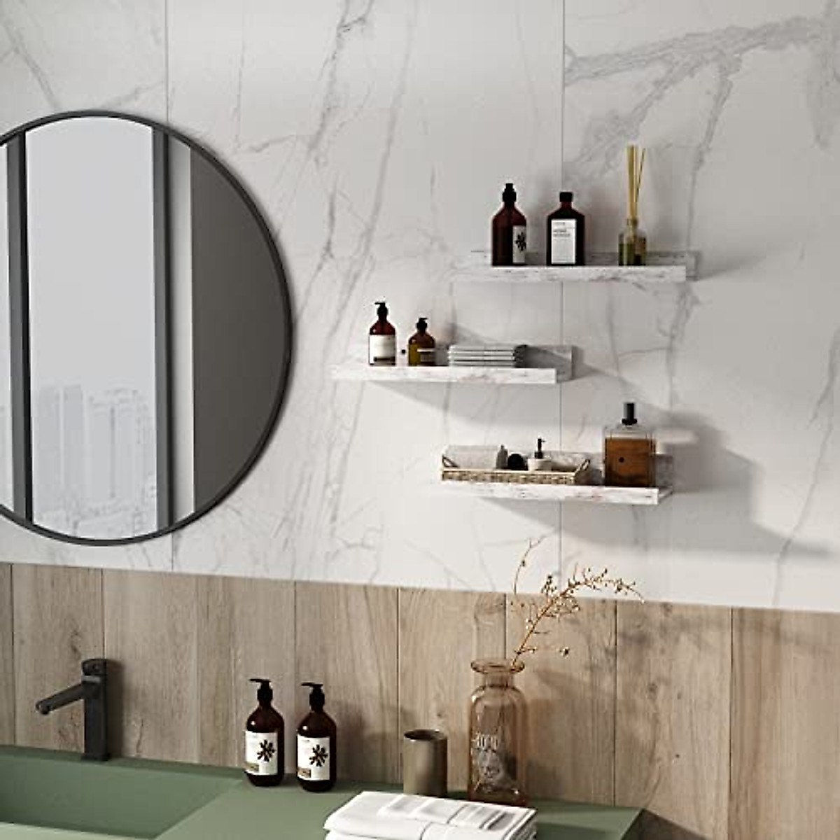 16 Inch Floating Shelves for Wall Set of 3, Rustic Picture Ledge Wall Mounted Shelf for Living Room, Bedroom, Kitchen, Bathroom, Distressed White