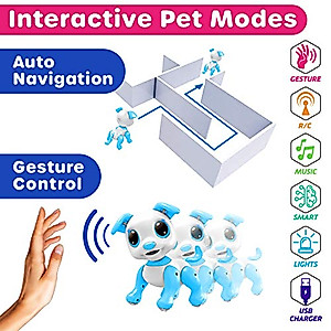 Robo Pets Robot Dog Toy for Girls and Boys - Remote Control Robot Toy Puppy with LEDs, Sound FX, Interactive Hand Motion Gestures, STEM Toy Program Treats, Dancing and Walking RC Robot for Kids (Blue)