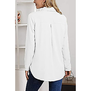 AISEW Womens Casual Button Down Shirts V Neck Chiffon Long Sleeve Collared Office Work Blouses Tops with Pocket (White, Medium)