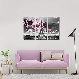 sechars 3 Piece Pink Flower Wall Art Cherry Blossom Tree with Black and White Paris Eiffel Tower Painting Canvas Prints Romantic Artwork for Home Wall Decor Ready to Hang Each Piece 12x24inch