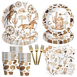APOWBLS Western Cowboy Party Decorations Dinnerware - Wild West Party Supplies, Paper Plate, Cup, Napkin, Fork, Western Cowboy Rodeo Theme Birthday Baby Shower Decorations Tableware | Serve 24 Guests